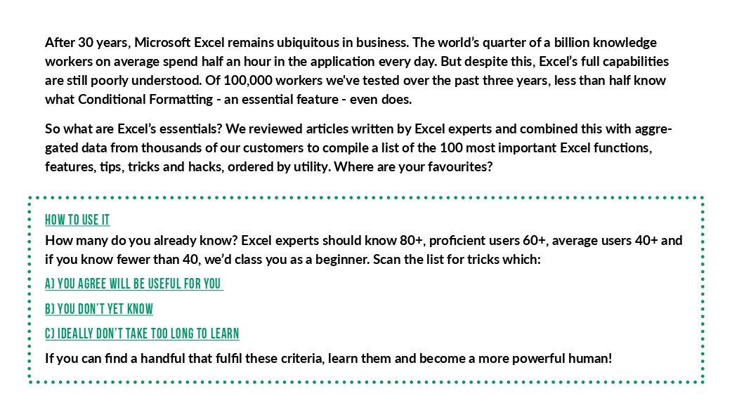 The 100 Most Important Excel Functions, Features, Tips, Tricks, and ...